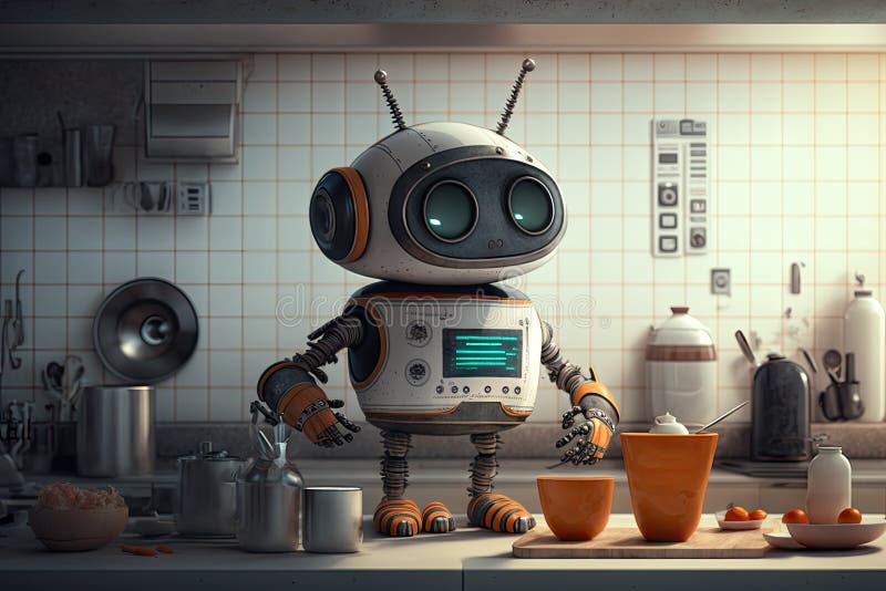 Cute Robot Assistant, Assisting with Cooking in Modern Kitchen Stock ...