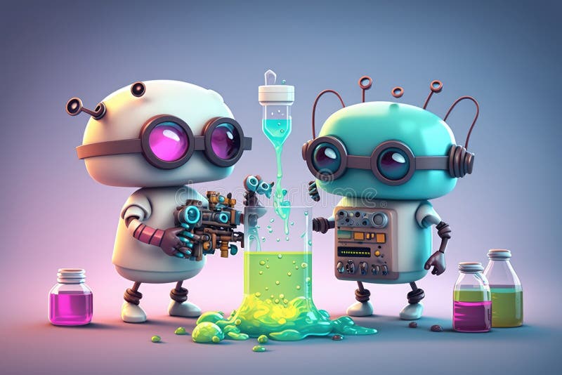 Cute Robot Assistant, Helping Scientist in Laboratory, Mixing Chemicals ... Cute Robot Assistant, Helping Scientist in Laboratory, Mixing Chemicals ...