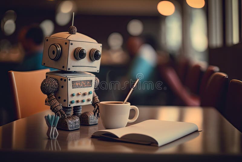 Cute Robot in Cafe, Working on Laptop and Taking Notes with Pen Stock ...