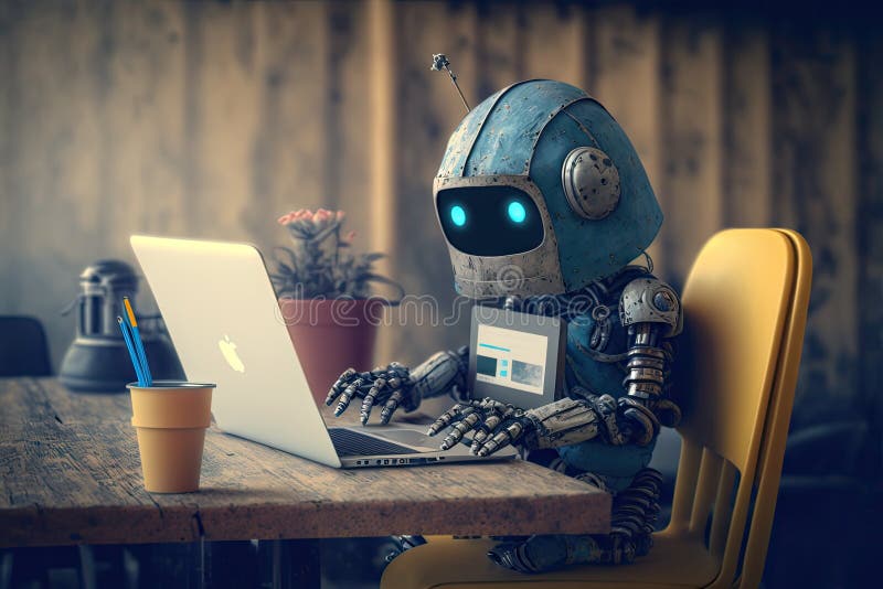 Cute Robot in a Cafe, Writing an Article on Its Laptop Stock ...