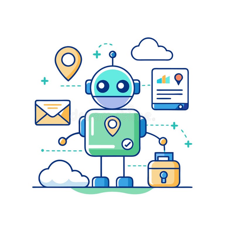 Cute Robot Character with Geo Location Icons, Email, Cloud, and ...