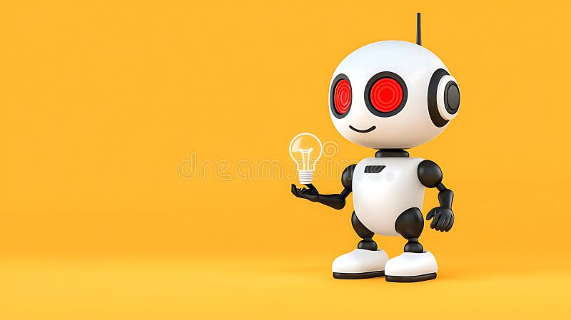 Cute Robot Character Holding Light Bulb on Bright Yellow Background ...