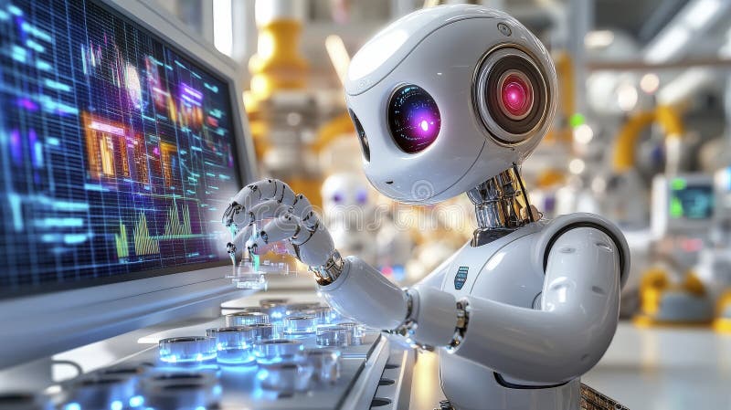 Cute Robot Character Interacting with Control Panel Stock Illustration ...