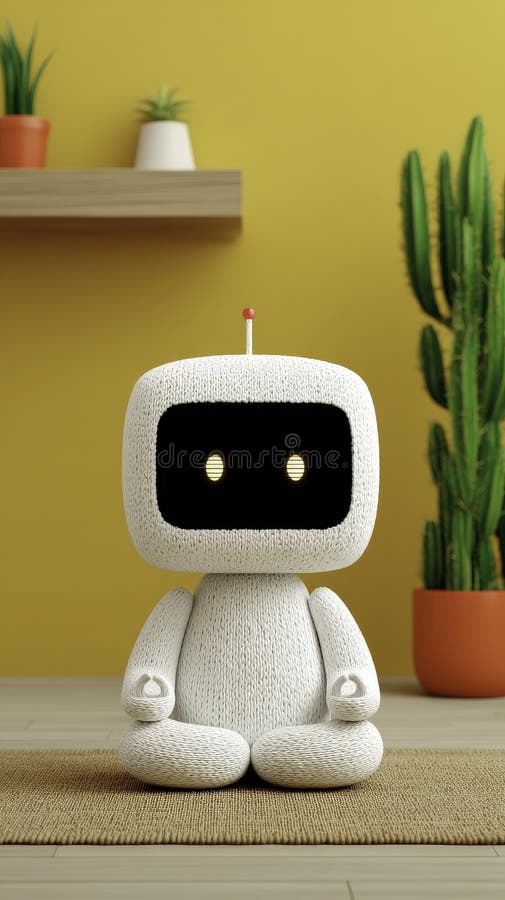 Cute Robot Character Sitting in a Modern Interior with Plants and a ...