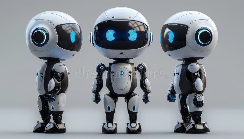 Cute Robot Characters in Three Poses with Blue Glowing Eyes, Concept of ...