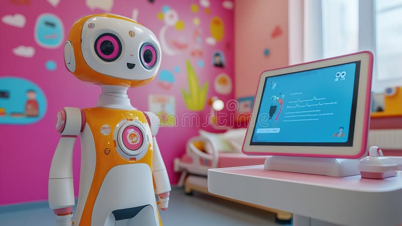 Cute Robot in Children S Hospital Room with Interactive Tablet Screen ...