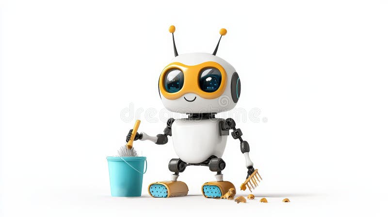 Cute Robot Cleaning with Tools White Isolated Background Stock ...