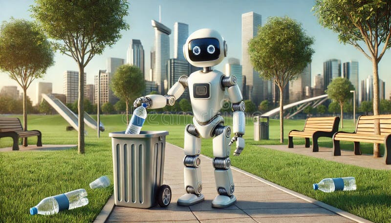 Cute Robot Collecting Trash in Urban Park for Environmental Protection ...