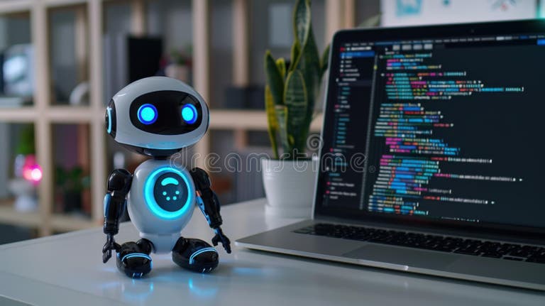 Cute Robot Companion Coding Screen Modern Workspace Stock Illustration - Illustration of decor ...