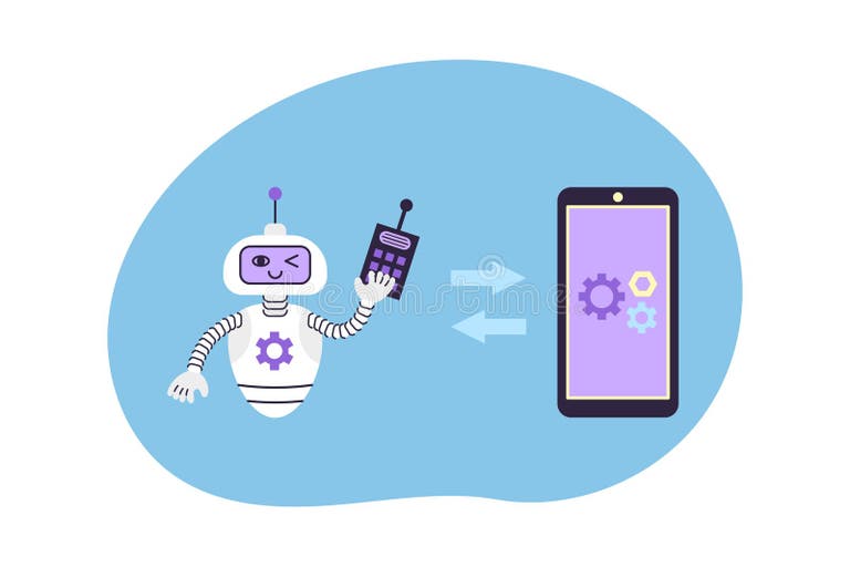 Cute Robot Controls Smartphone with Remote Control. Remote Control and ...