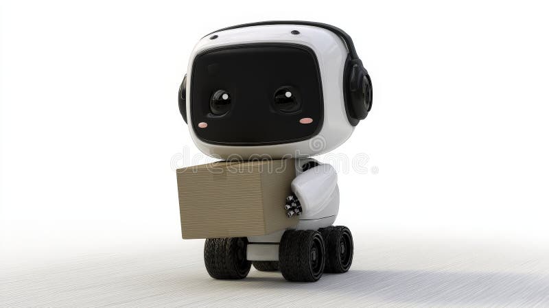 Cute Robot Delivering a Package on Wheels with a Friendly Expression in ...