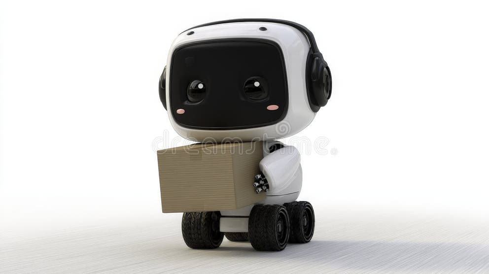 Cute Robot Delivering a Package on Wheels with a Friendly Expression in ...