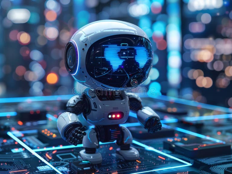 Cute Robot Digital Interface World Map Display Artificial Intelligence ...