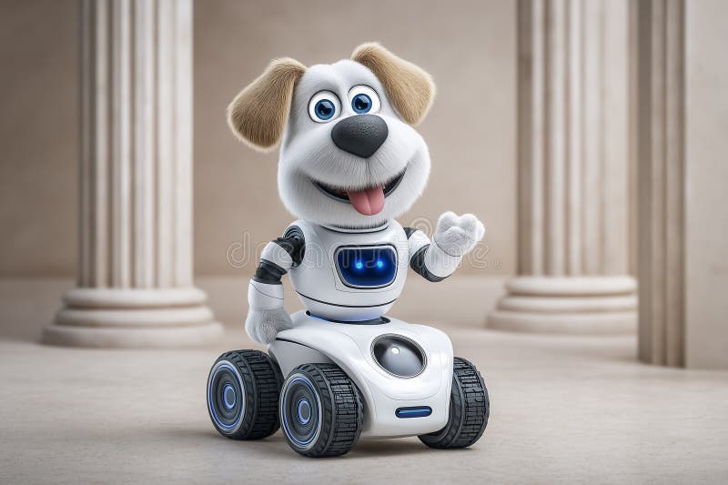 A Cute Robot Dog with a Friendly Expression Waves while Sitting on Wheels in a Clean, Minimalist ...