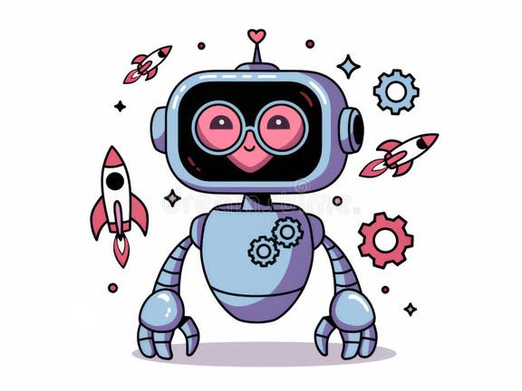 Cute Robot Drawn with Rockets and Gears on White Background Stock ...