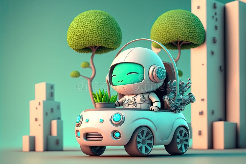 Cute Robot Driving an Electric Car Made with Generative AI. Stock ...