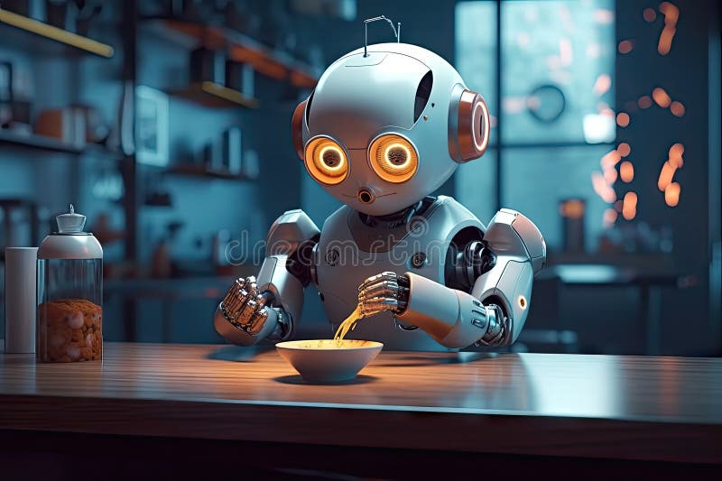 Cute Robot Eating Food Restaurant Background Technology Food Concept ...