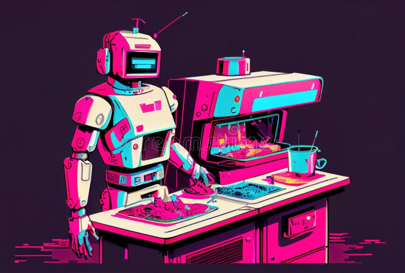 Cute Robot Eating Food in the Restaurant Background. Technology and ...