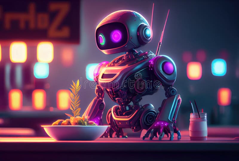 Cute Robot Eating Food in the Restaurant Background. Technology and ...