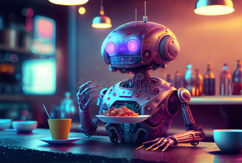 Cute Robot Eating Food in the Restaurant Background. Technology and ...
