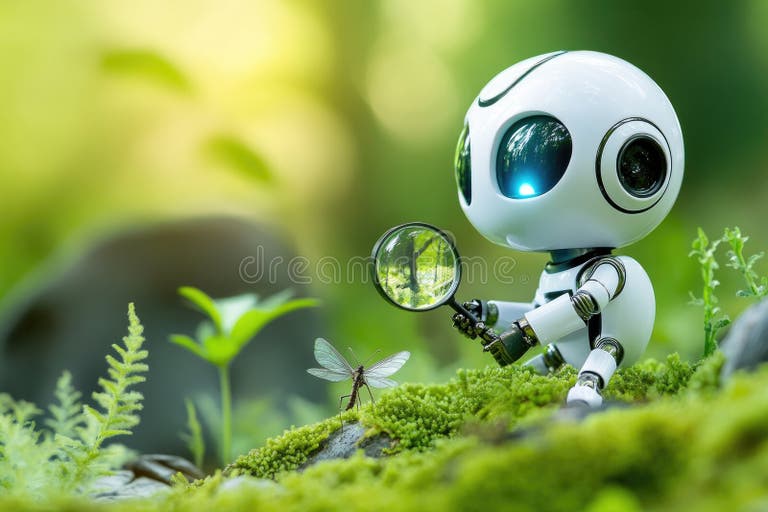 Cute Robot Exploring Nature with Magnifying Glass in Lush Greenery ...