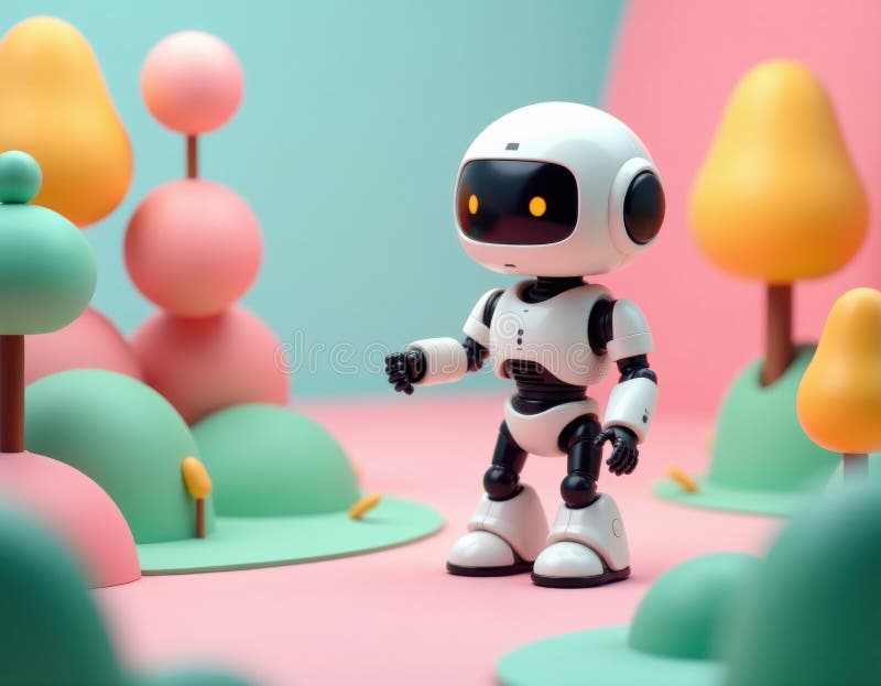 Cute Robot Exploring a Pastel Landscape - 3D Render Stock Illustration ...