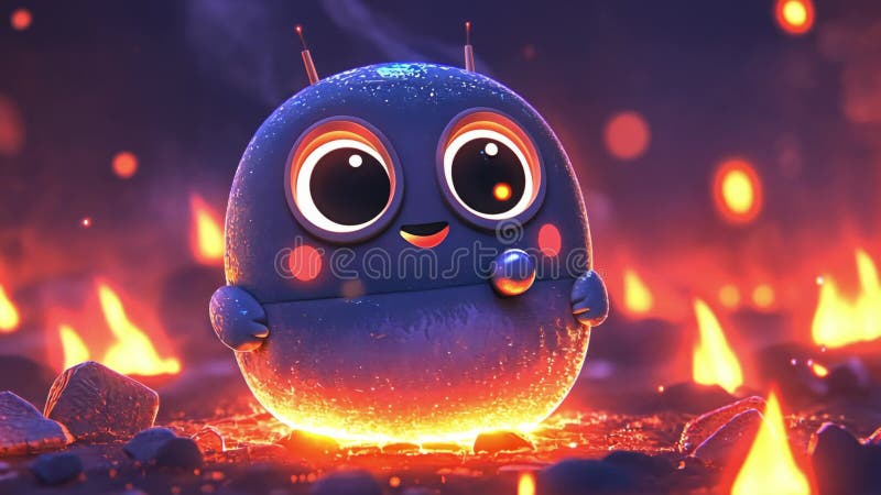 Cute Robot in Fiery Landscape with Glowing Effects Stock Footage ...
