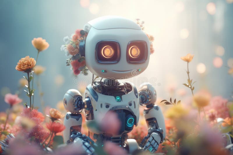 Cute Robot with Flowers. Generate AI Stock Illustration - Illustration ...