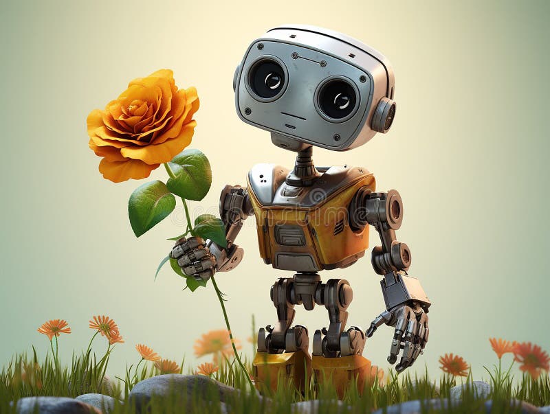 Cute robot with flowers stock illustration. Illustration of little ...