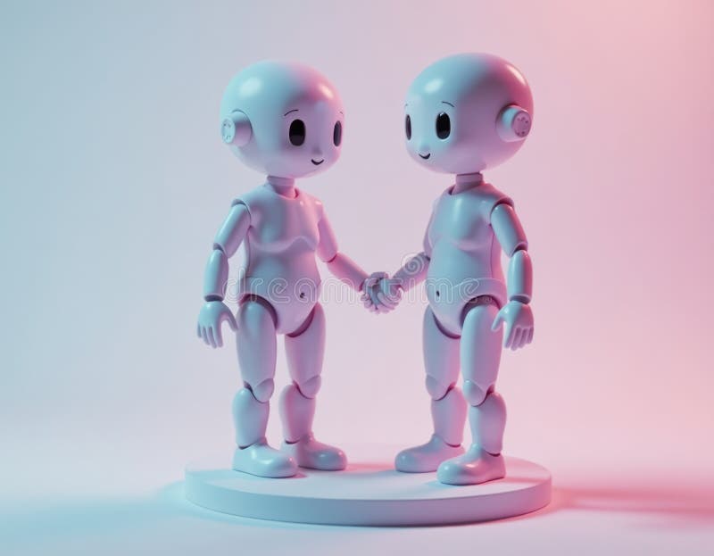 Cute Robot Friends Holding Hands in Neon Light Stock Illustration ...
