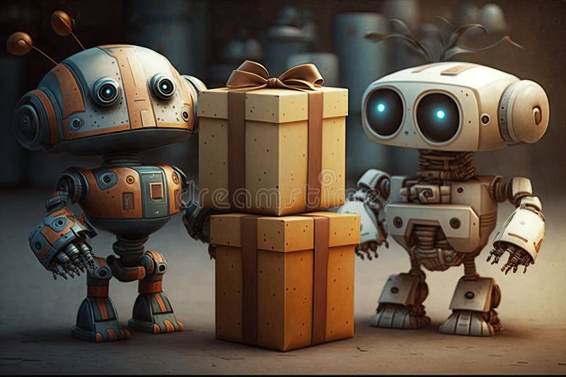 Cute Robot with Gift Box and Other Robots for Sci-fi Setting Stock ...