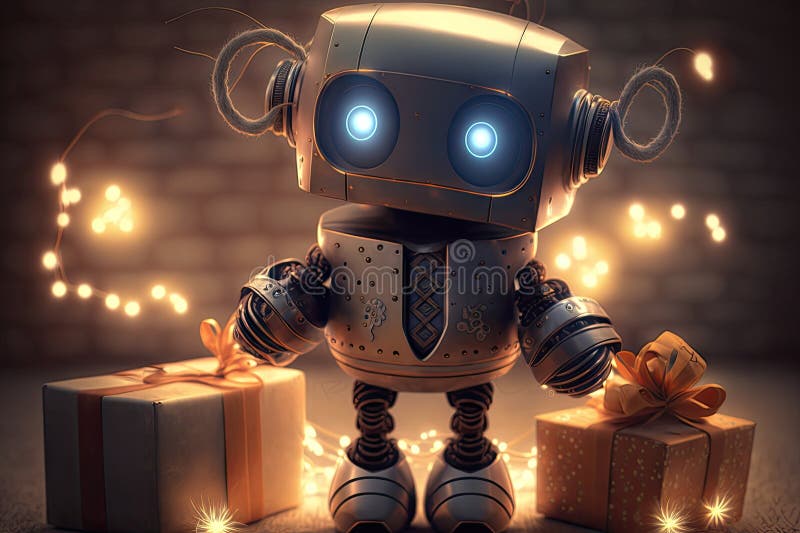 Cute Robot with Gift Box, Surrounded by Festive Decorations and Lights ...