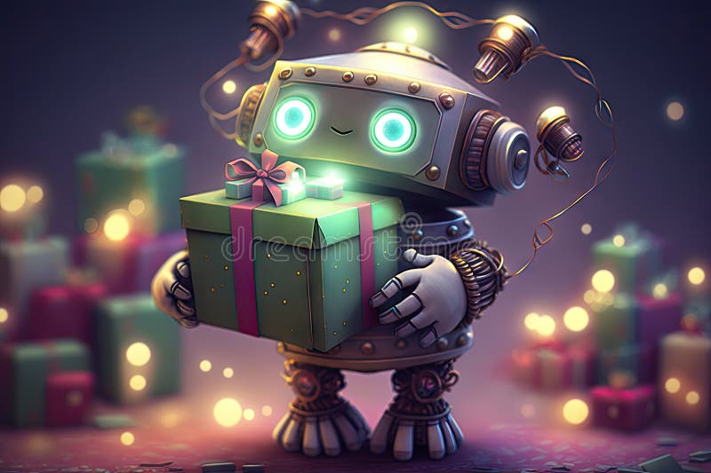 Cute Robot with Gift Box, Surrounded by Festive Decorations and Lights ...