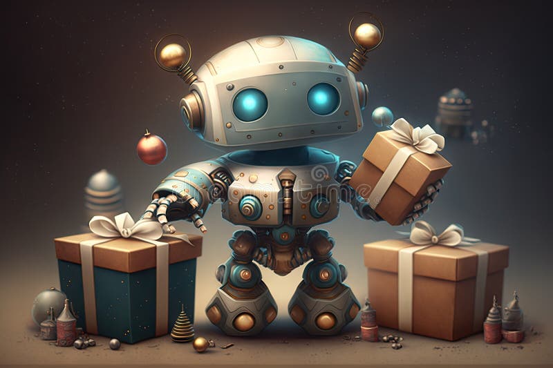 Cute Robot with Gift Box, Surrounded by Festive Holiday Decorations ...