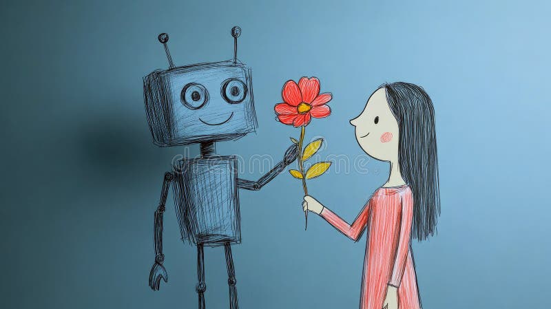 Cute Robot Giving a Flower To Human AI Generated Stock Photo - Image of ...