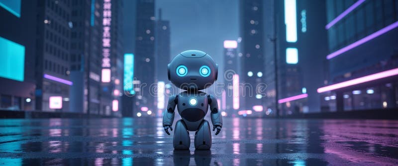 Cute Robot Glowing Blue Eyes Futuristic Urban Setting Night Stock ...