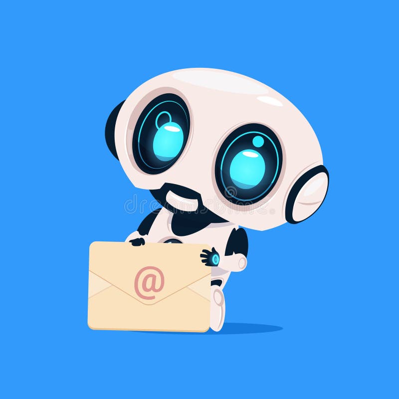 Cute Robot Hold Envelope Mail Notification Isolated Icon on Blue ...