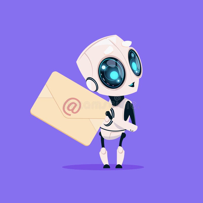 Cute Robot Hold Envelope Mail Notification Isolated Icon on Blue ...