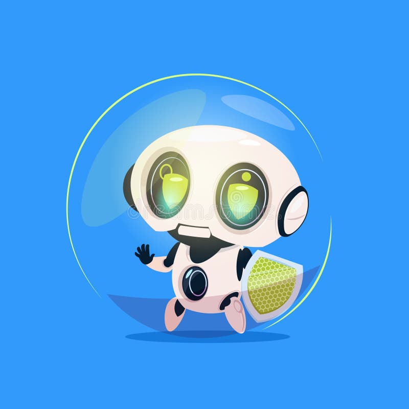 Cute Robot Hold Shield Data Protection Technology Isolated Icon on Blue ...