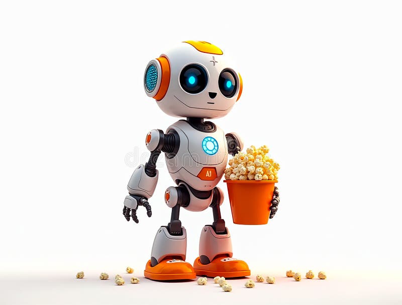 Cute Robot Holding a Bucket of Popcorn while Surrounded by Scattered ...