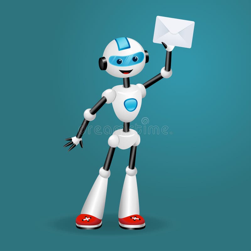 Cute Robot Holding an Envelope on Blue Background Stock Vector ...