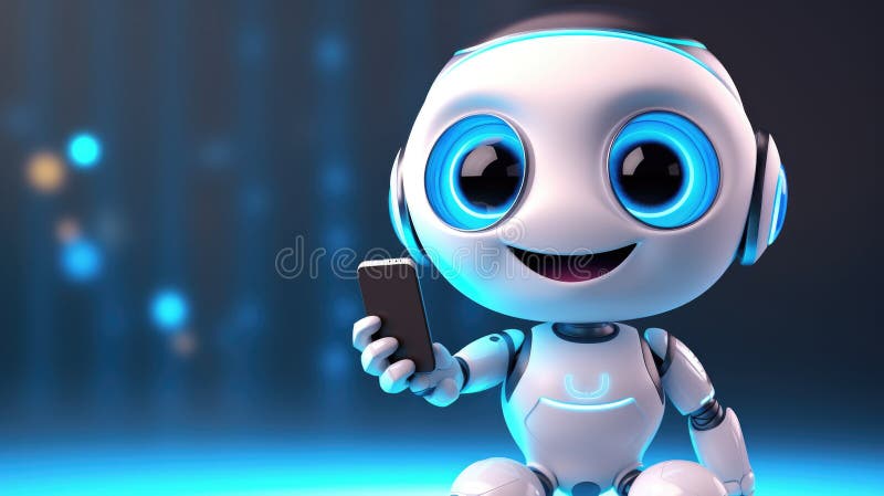 Cute Robot Holding Smartphone with Glowing Blue Lights Stock ...
