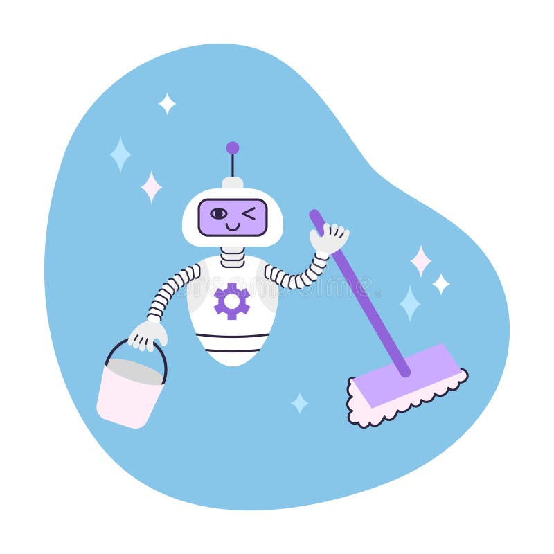 Cute Robot Holds Bucket and Mop. Artificial Intelligence Robot ...