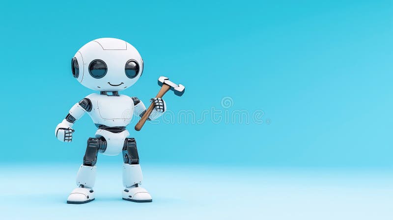 Cute Robot Holds Hammer, Pliers. Problem Appears on Website. Robot ...