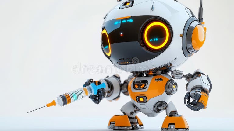 A Cute Robot Holds a Syringe Ready for Injection Stock Illustration ...