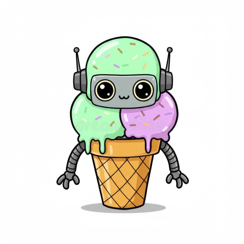 Cute Robot Ice Cream Cone Cartoon Illustration Stock Illustration ...