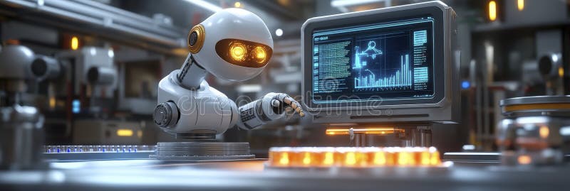 Cute Robot Interacting with Digital Control Panel Stock Illustration ...