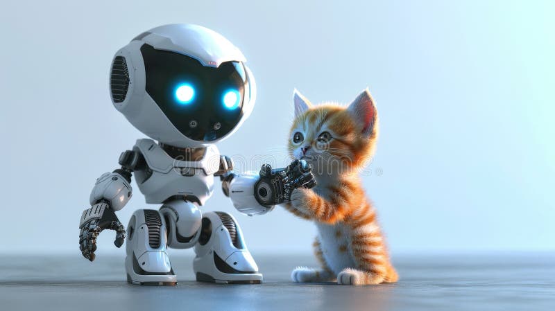 Cute Robot with Cute Kitten in Hand, Stock Image - Image of technology ...