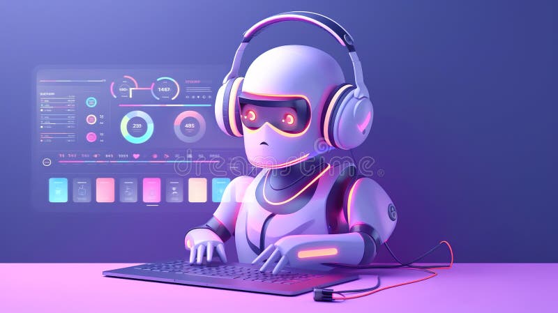 Cute Robot Learning or Relaxing with Music and Computer.generative Ai ...