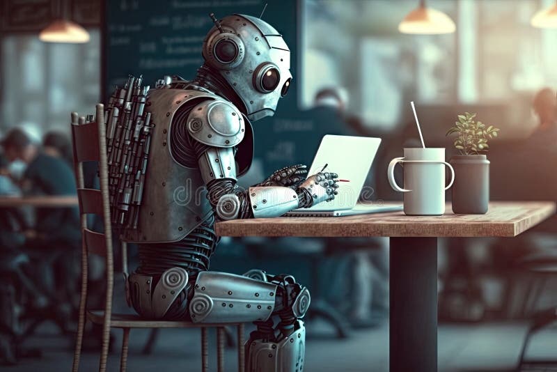 Cute Robot in Modern Cafe, Using Laptop To Study or Write a Paper Stock ...